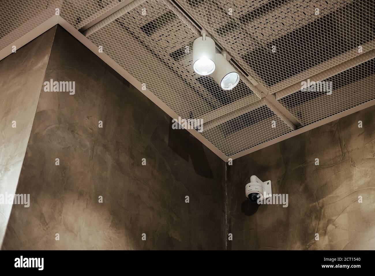 Netting ceiling with lighting and surveillance camera Stock Photo - Alamy