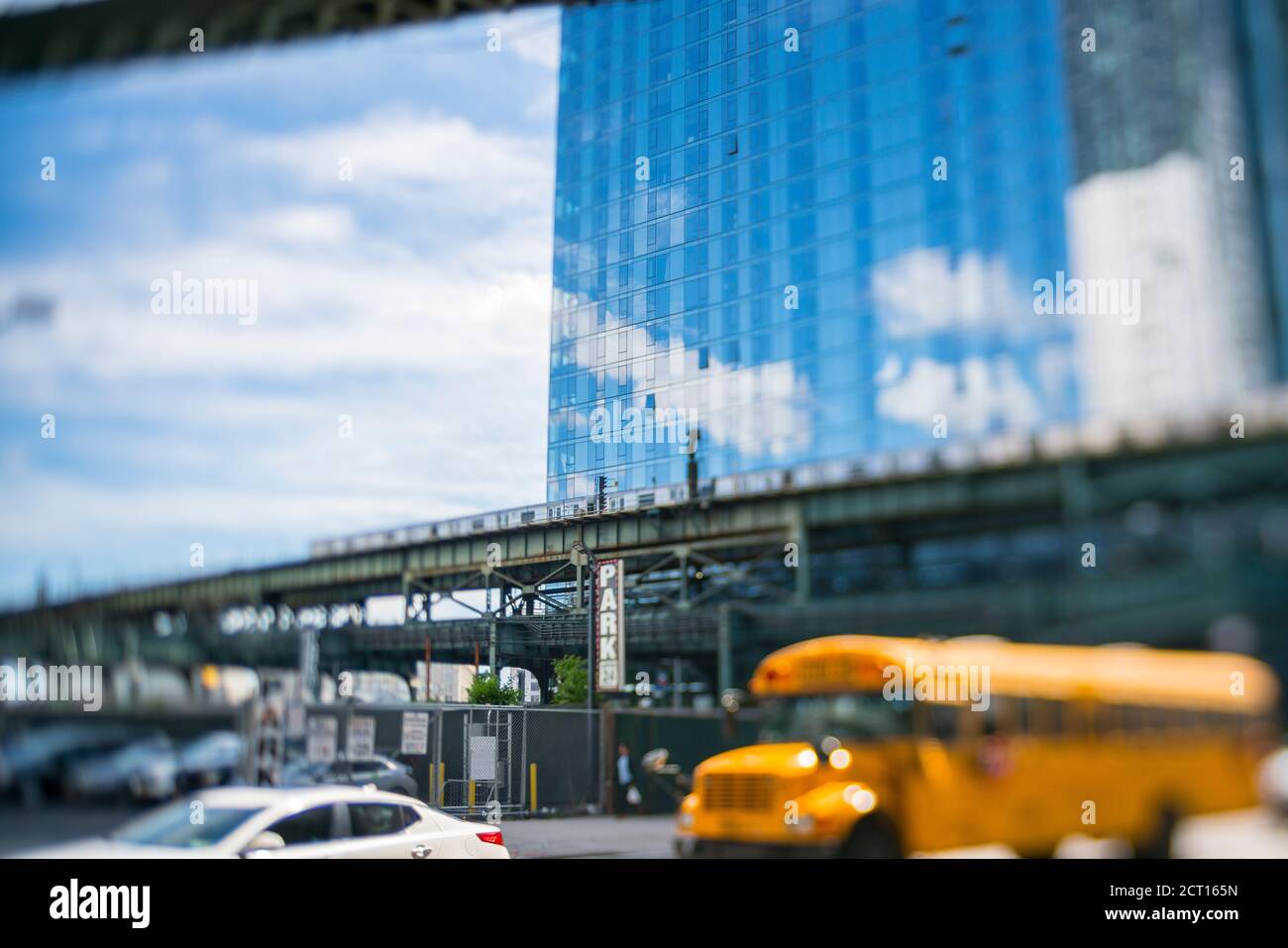 New York City subway runs on the elevated railway track at Queensboro ...