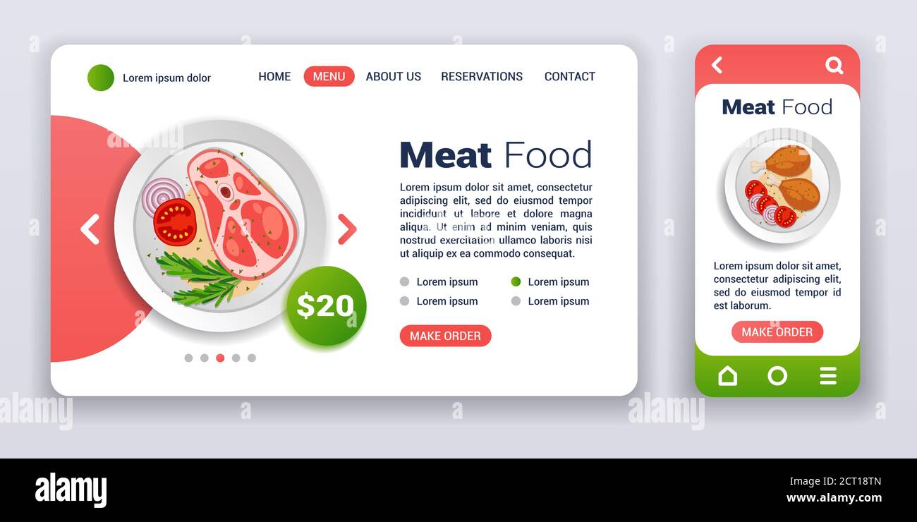 Meat food web banner and mobile app kit. Restaurant menu. Flat vector ...