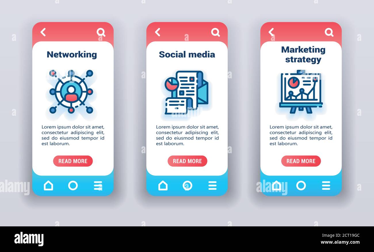 Marketing channels on mobile app onboarding screens. UI UX GUI Stock ...