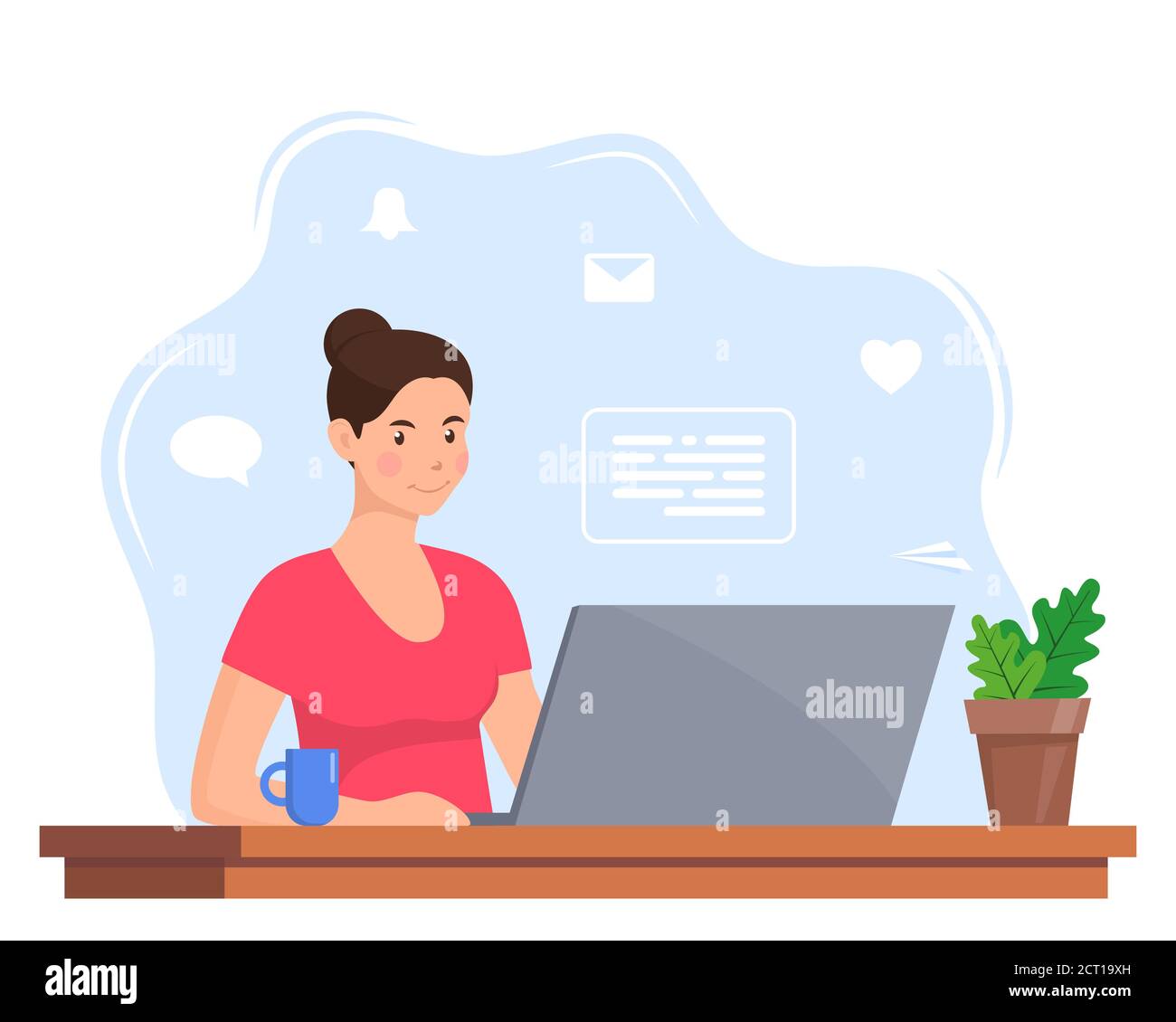 Young woman working on laptop at home office. Freelancer at work ...