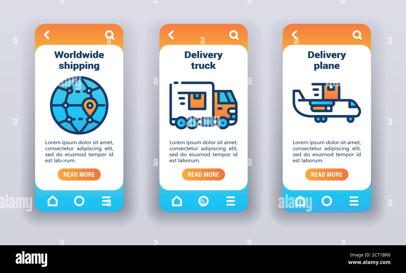 Global logistic on mobile app onboarding screens. UI UX GUI template ...