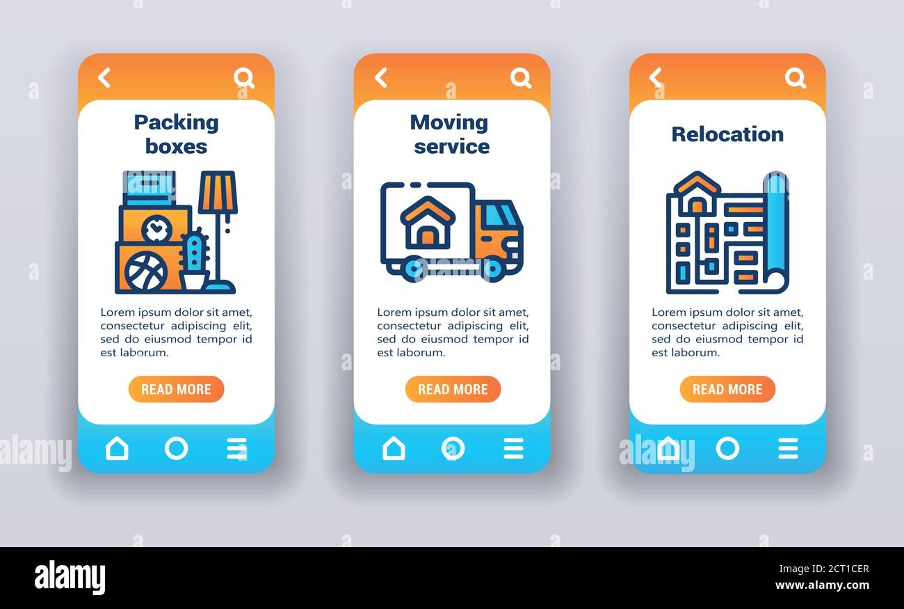 Moving on mobile app onboarding screens. UI UX GUI template Stock ...