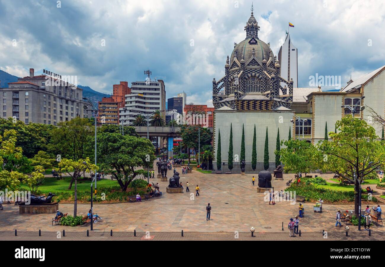 Cityscape over Plaza Botero Square with people walking, Medellin ...