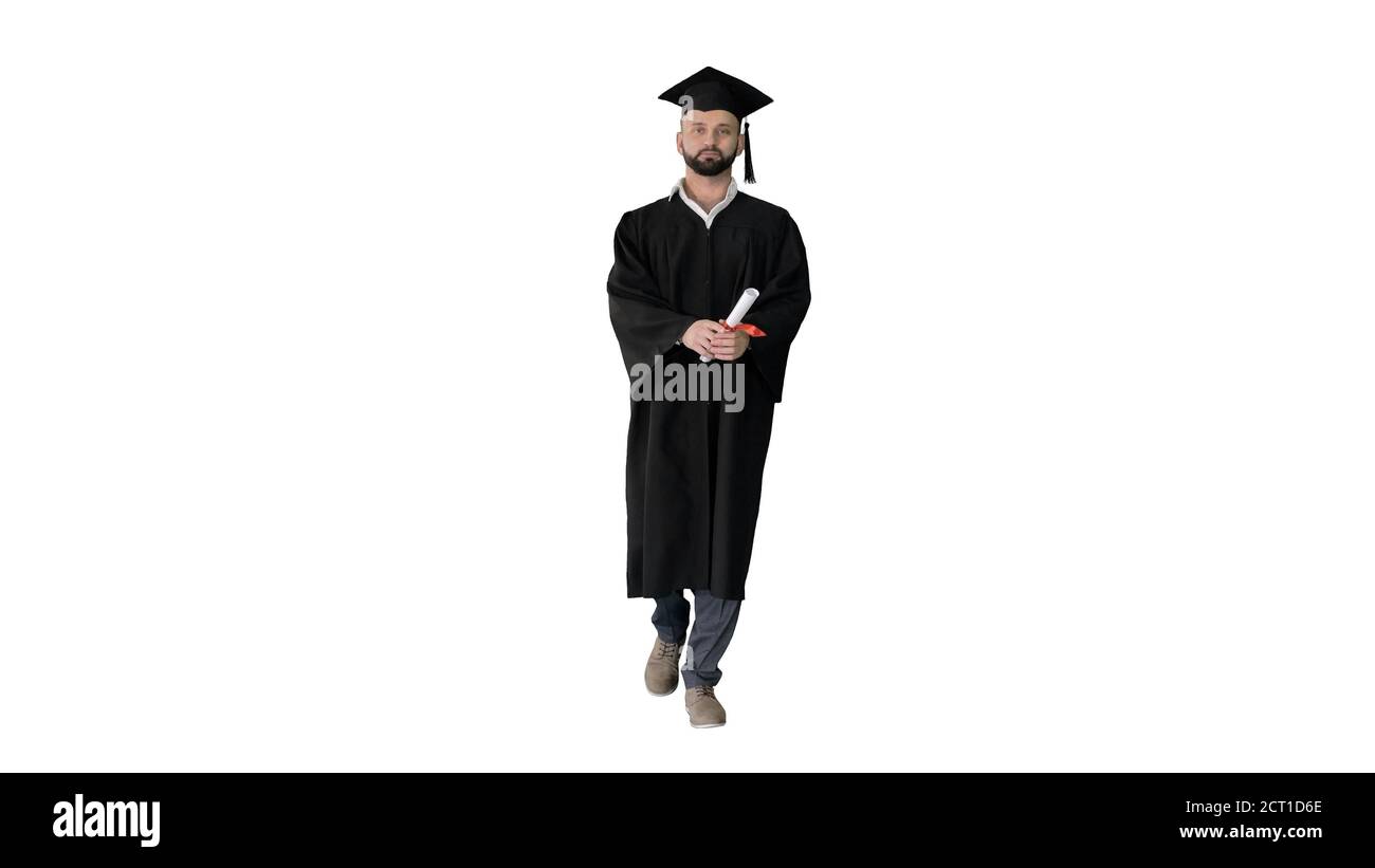 Excited graduate student walking with diploma on white backgroun Stock ...