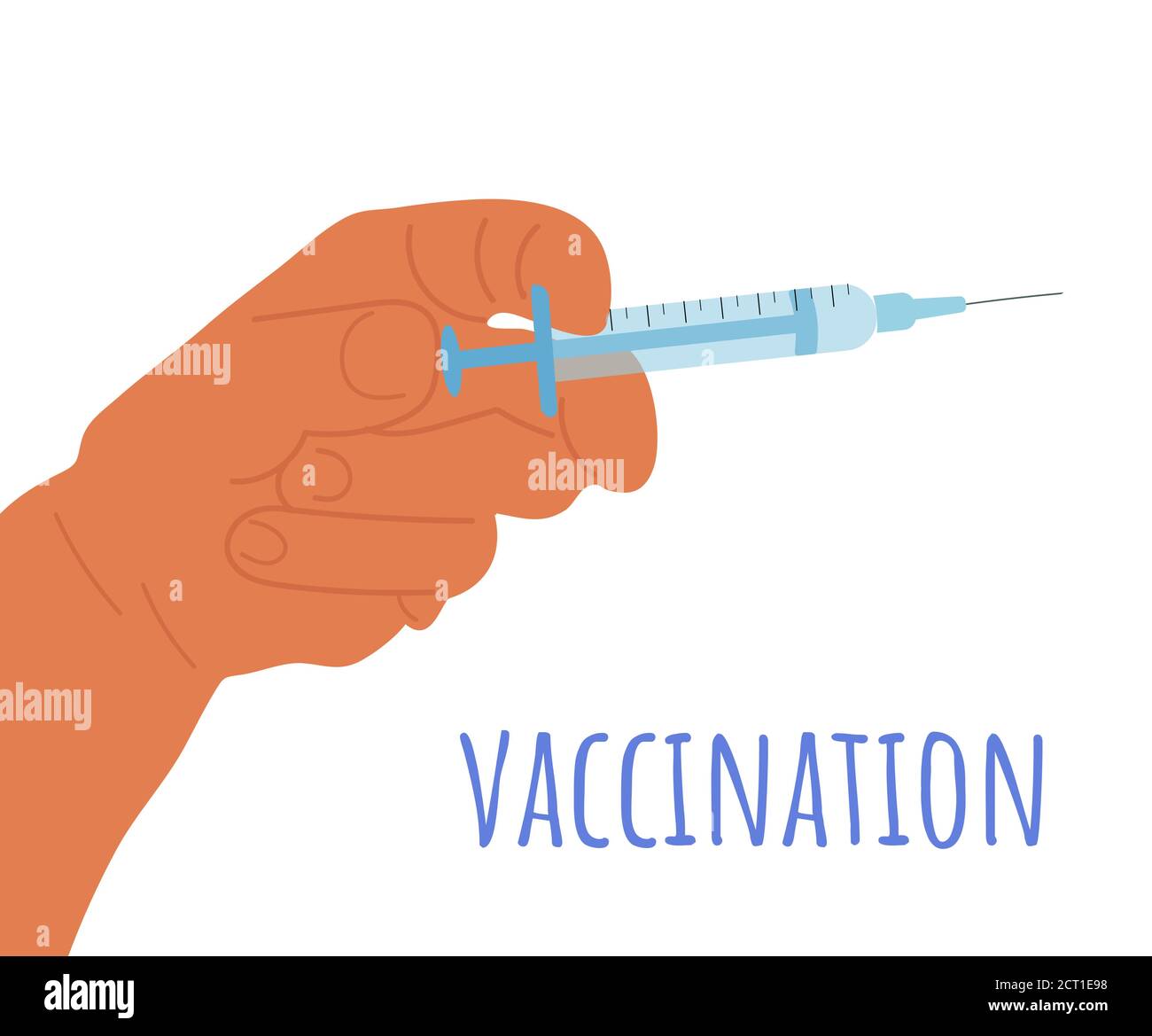 cartoon hand holds a syringe with a vaccine. Lettering Vaccination ...