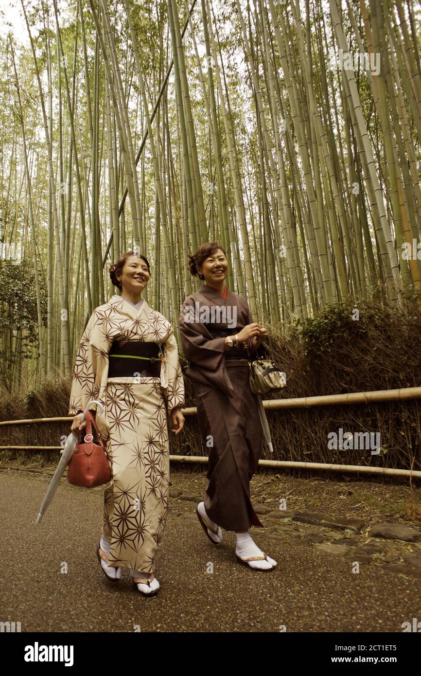 Japanese women wearing traditional kimono and walking along the Sagano Bamboo Forest in ...