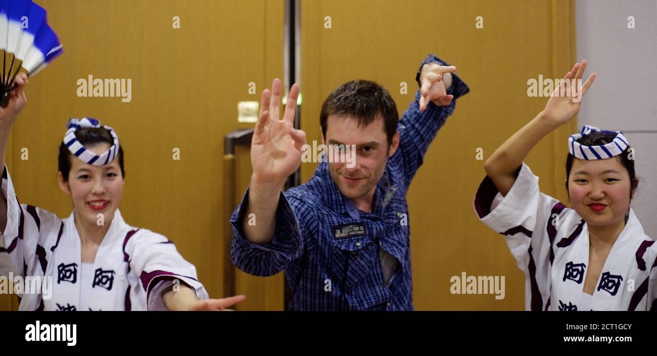 Taiko drum players and european tourist after Awa-Odori performance at ...
