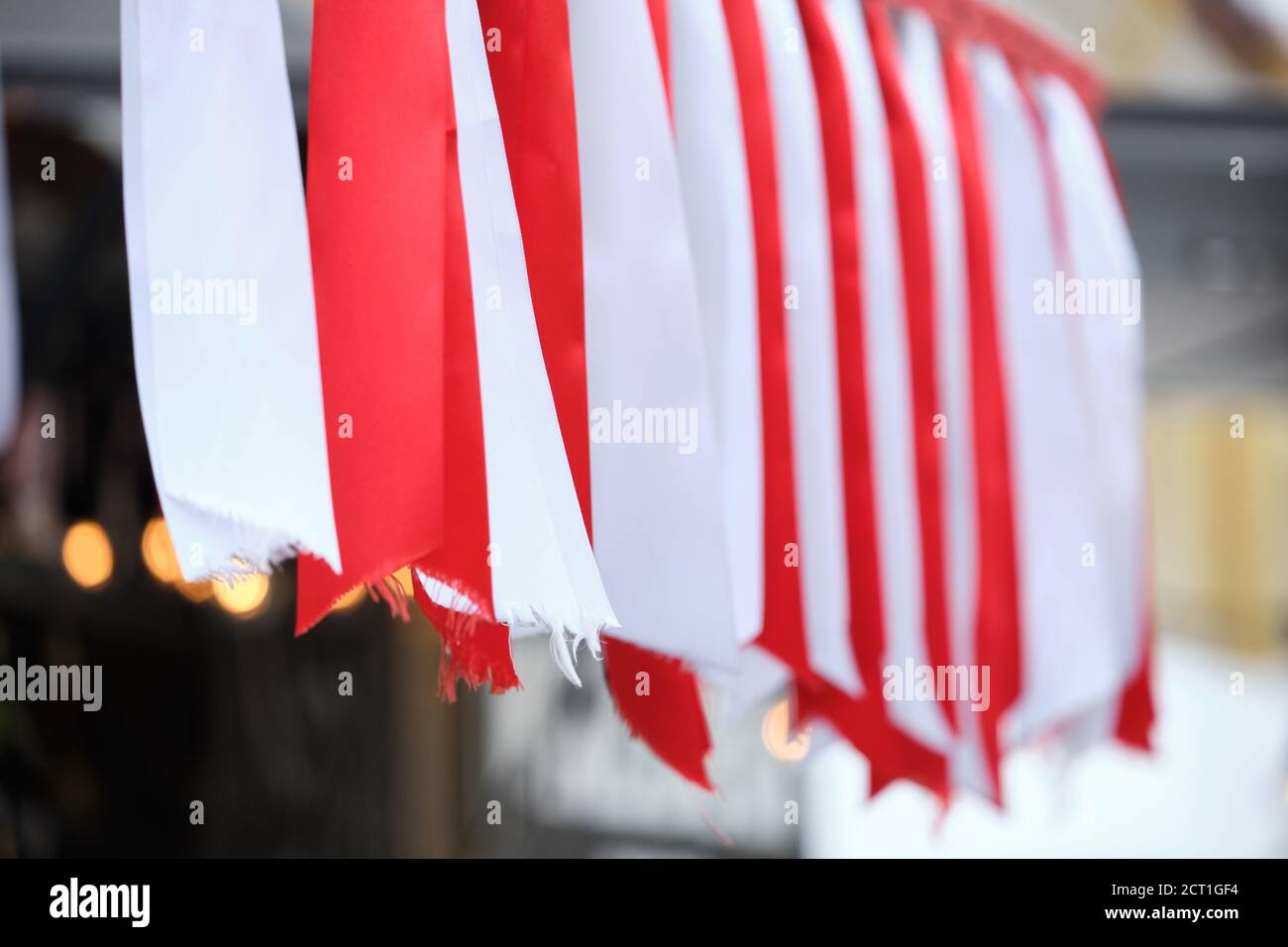 Decor from colored ribbons on a restaurant showcase Stock Photo - Alamy