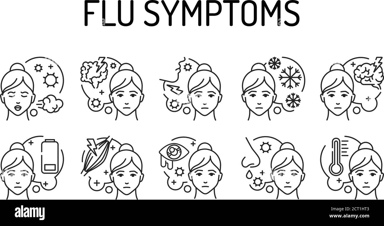 Flu symptoms black line icons set. Viral diseases, colds. Pictogram for ...