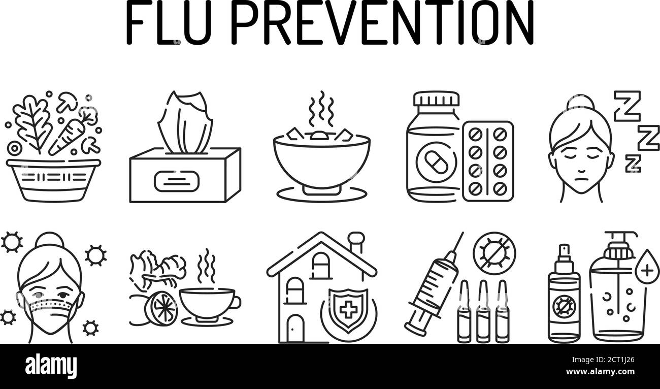 Flu prevention black line icons set. Prevention of the disease and ...