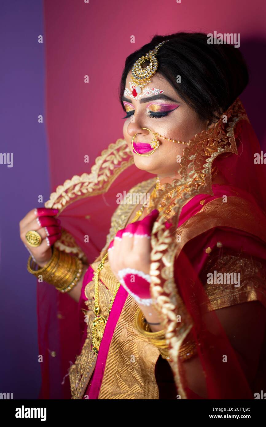 Indian bride dressed in Hindu red traditional wedding clothes sari ...