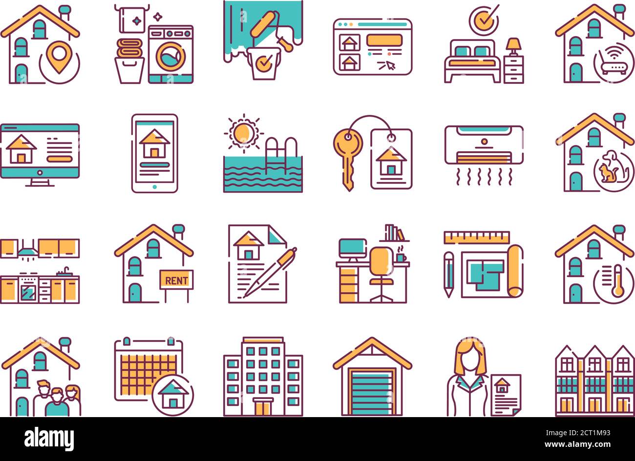 Rent home and real estate color line icons set. Buildings and property ...