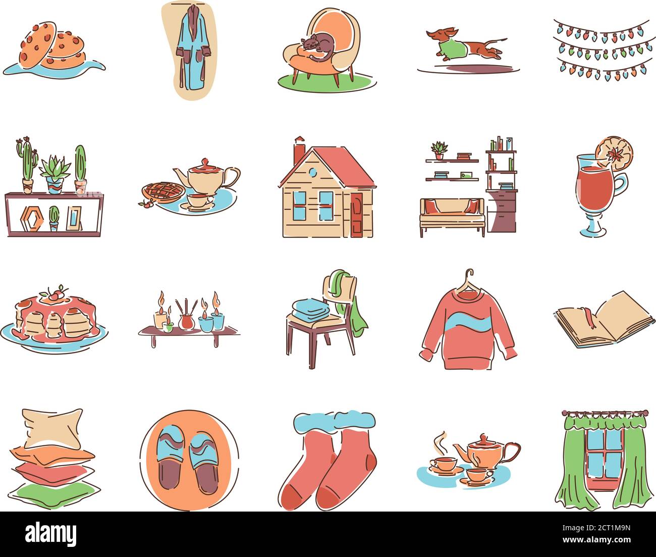 Home comfort color line icons set. Cozy atmosphere at home. Things that ...
