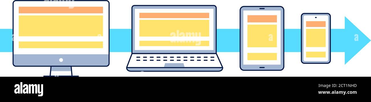 Adaptive web design flat vector illustration. Outline icons: smartphone ...