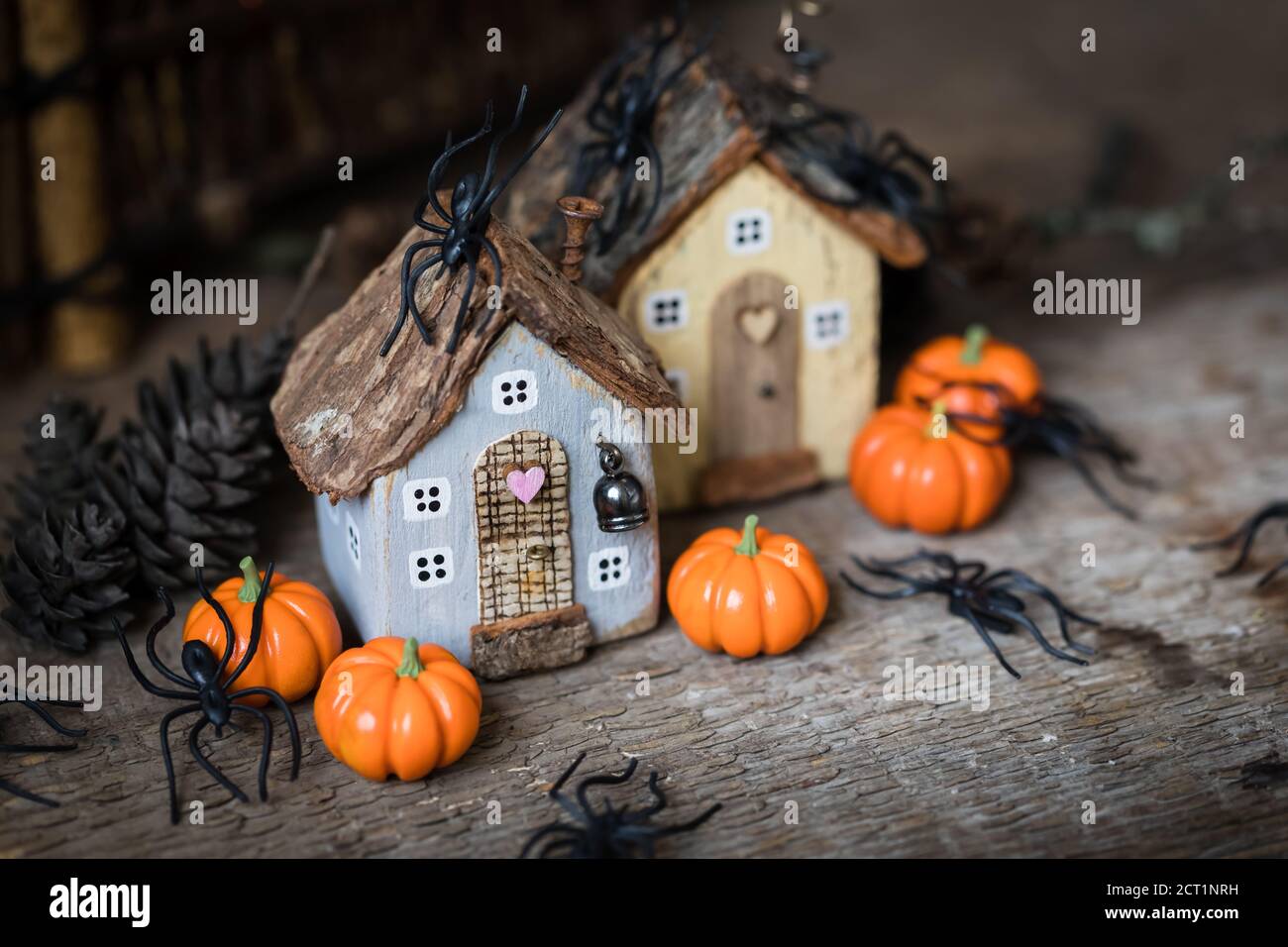 Miniature Halloween little autumn cottages, pumpkins, spiders, moss ...