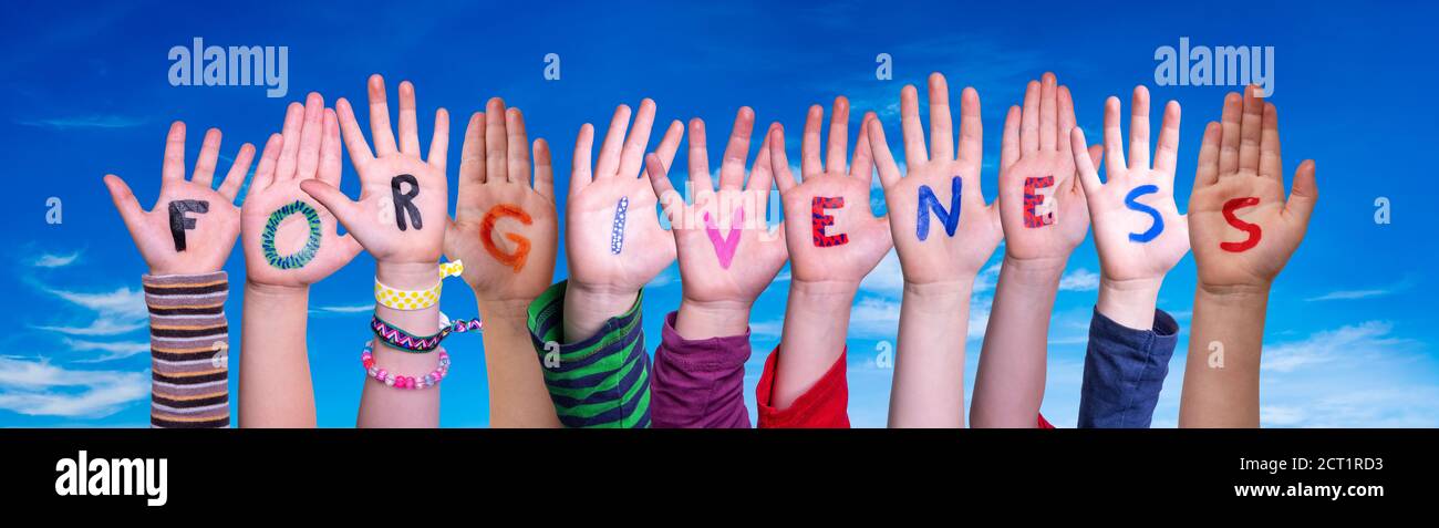 Children Hands Building Word Forgiveness, Blue Sky Stock Photo - Alamy