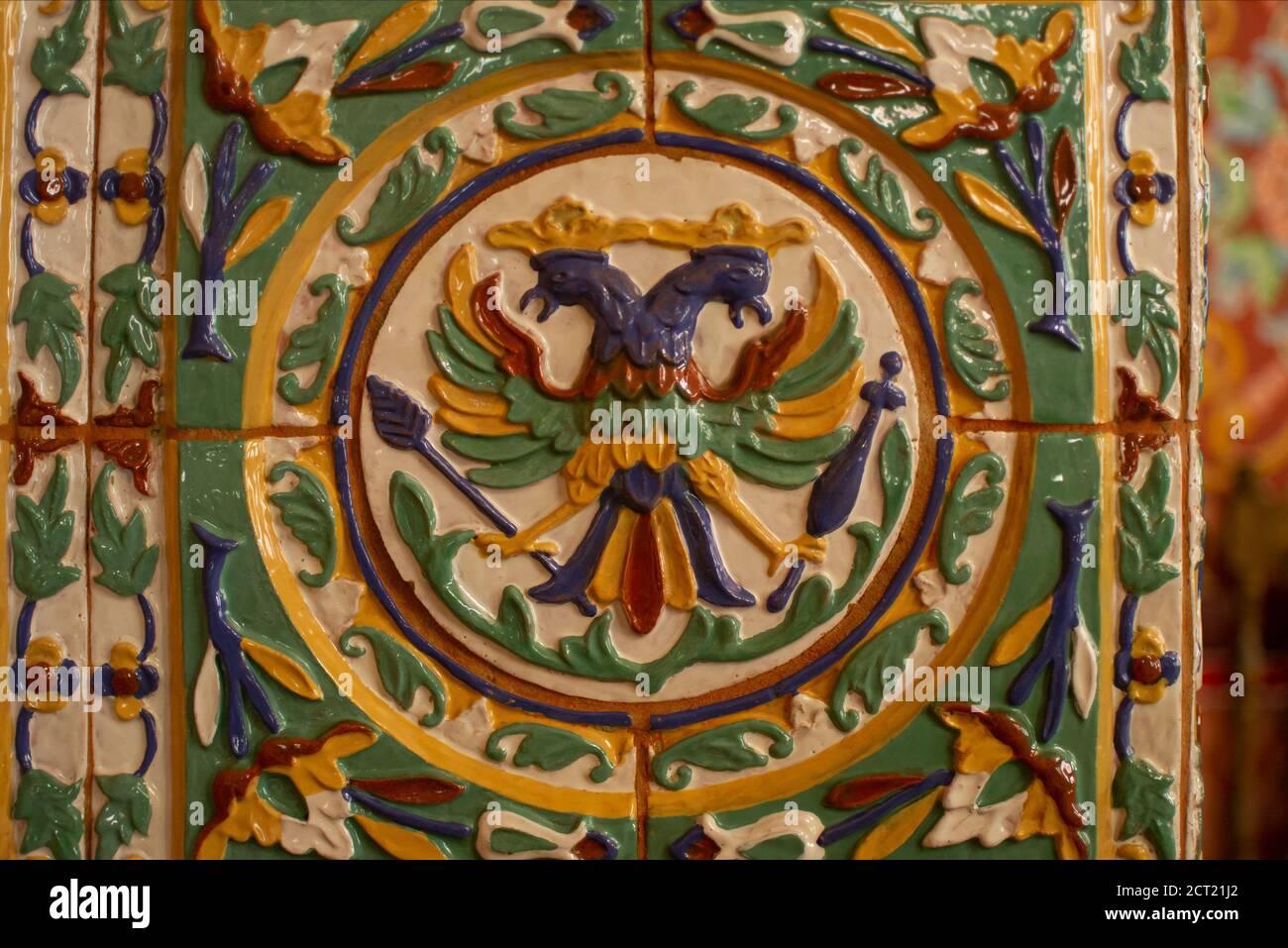 Moscow, Russia - September 5, 2020. Fragment of decorative stove tiles ...