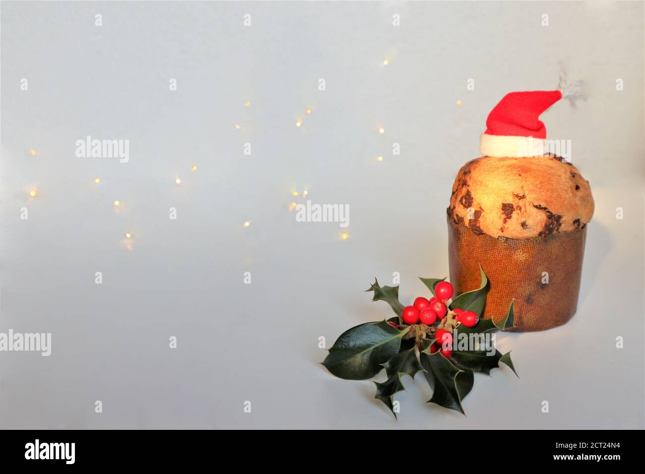 Christmas greeting card. Panettone and the Christmas Holly bush with ...