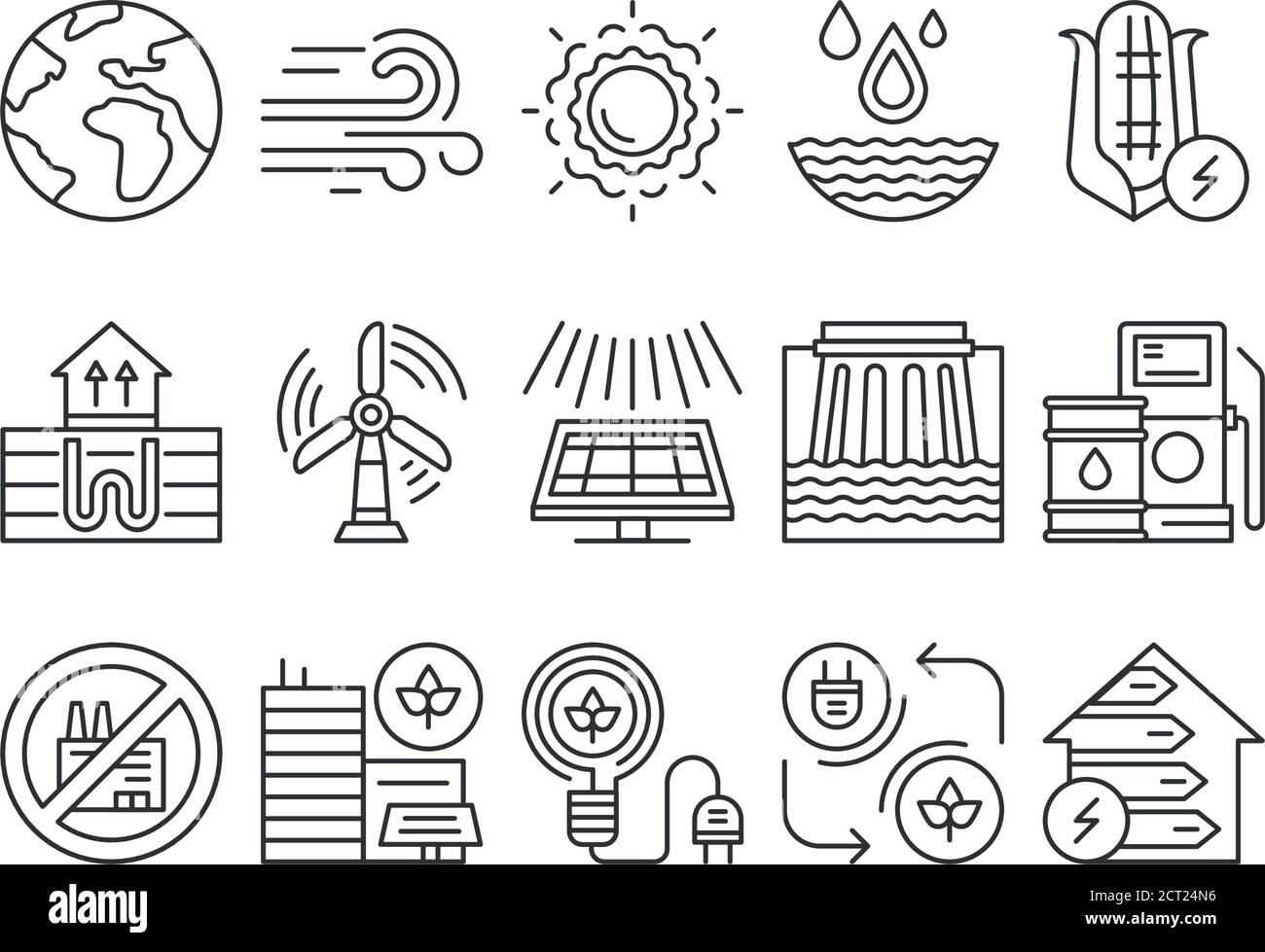 Alternative energy resources line black icons set. Green city vector ...