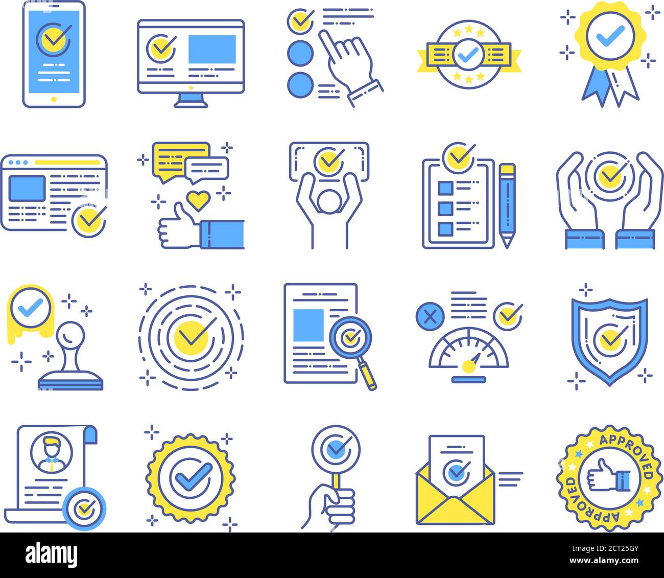 Approved elements color line icons set. Check marks, ticks collection ...