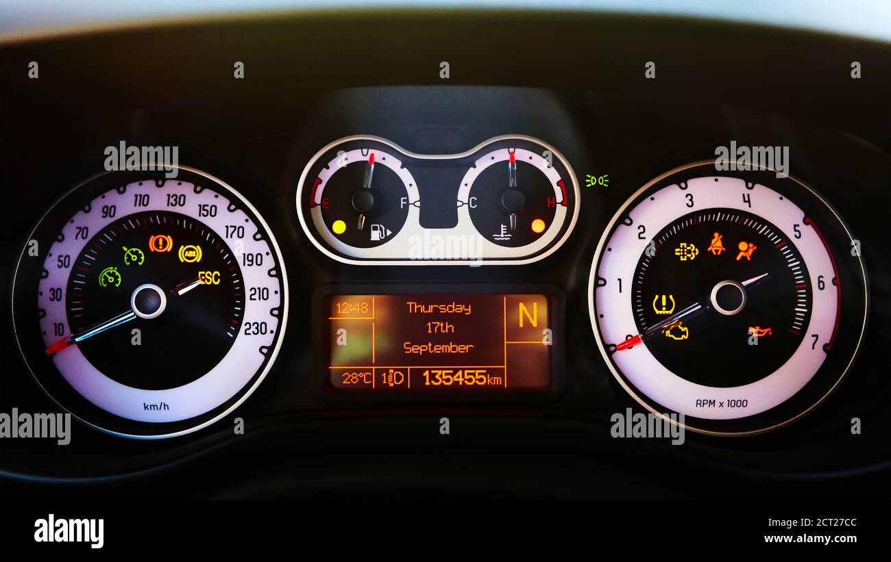 A modern and elegant car cockpit with Classic speedometer and ...