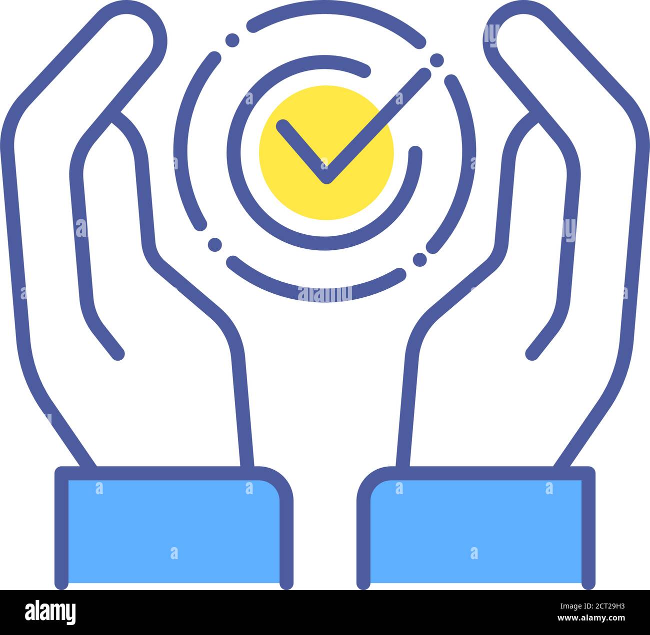 Approved color line icon. Hands holding agreement check mark concept ...