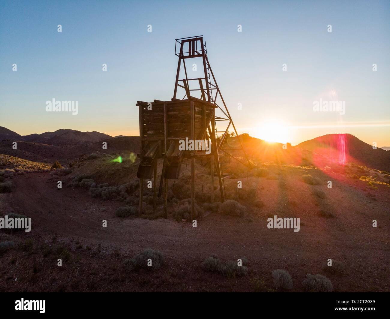 Wooden mining structure head frame on claim in the Nevada desert ...