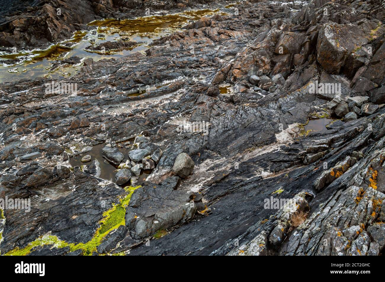 Barnacle-covered rocks and small rockpools at Peel, Isle of Man Stock ...