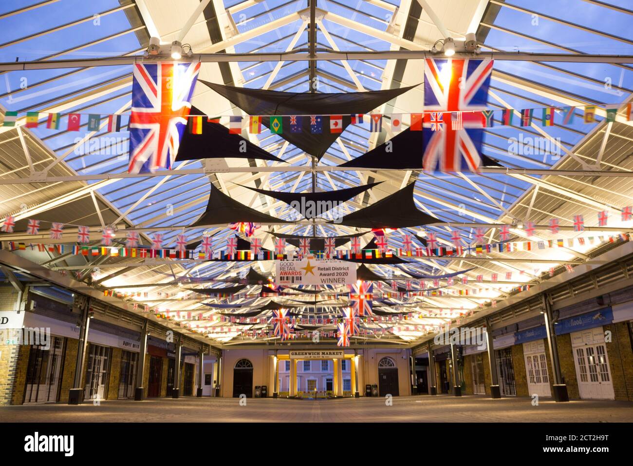 Greenwich market decorated with national flags across European ...