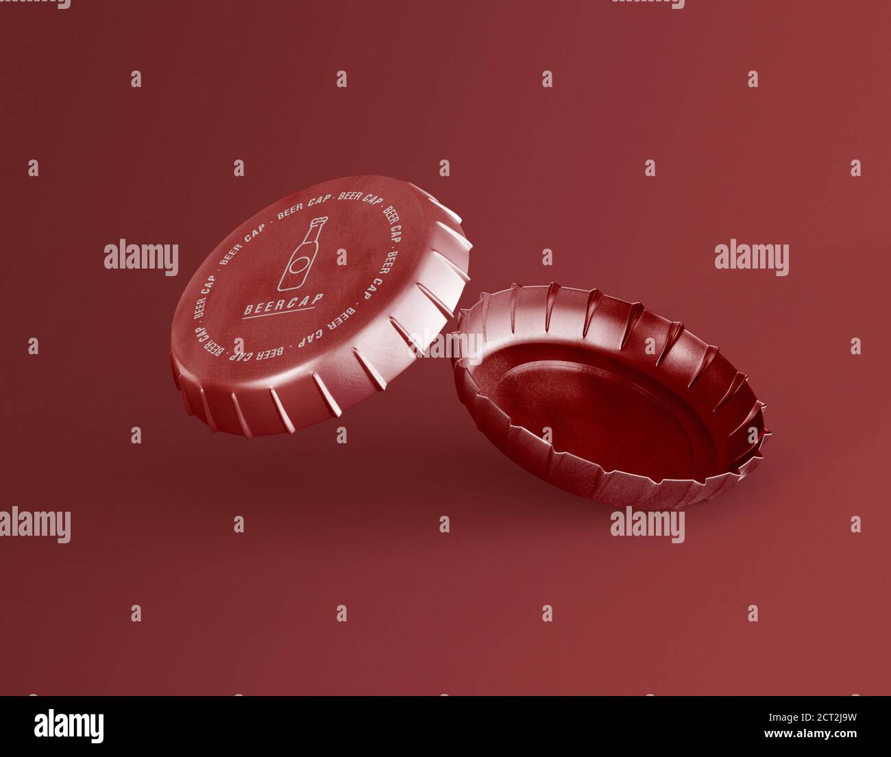 3D Illustration. Beer bottle caps on isolated red background. Front and ...