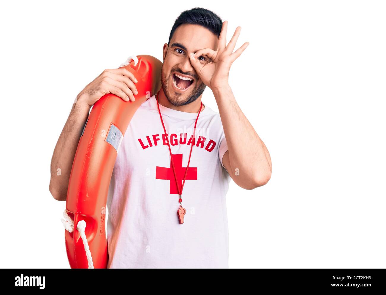 Young handsome man wearing lifeguard uniform holding float smiling ...