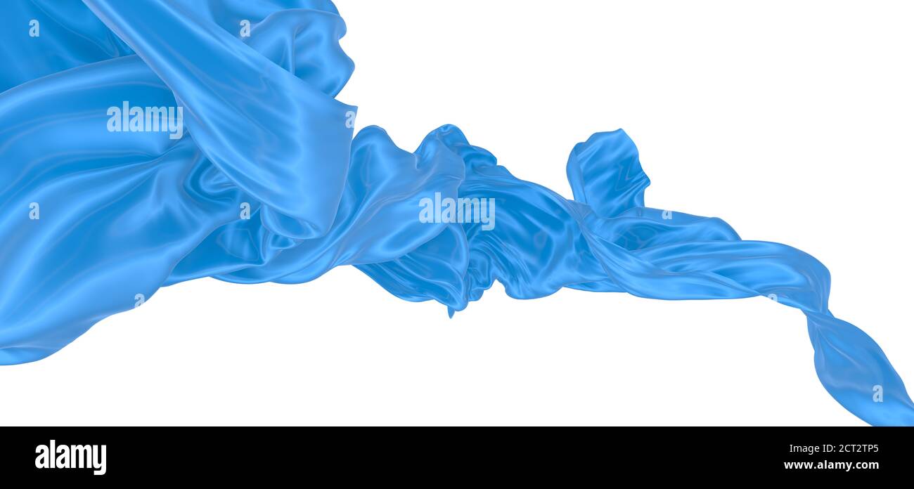 Beautiful flowing fabric flying in the wind. Blue wavy silk or satin ...