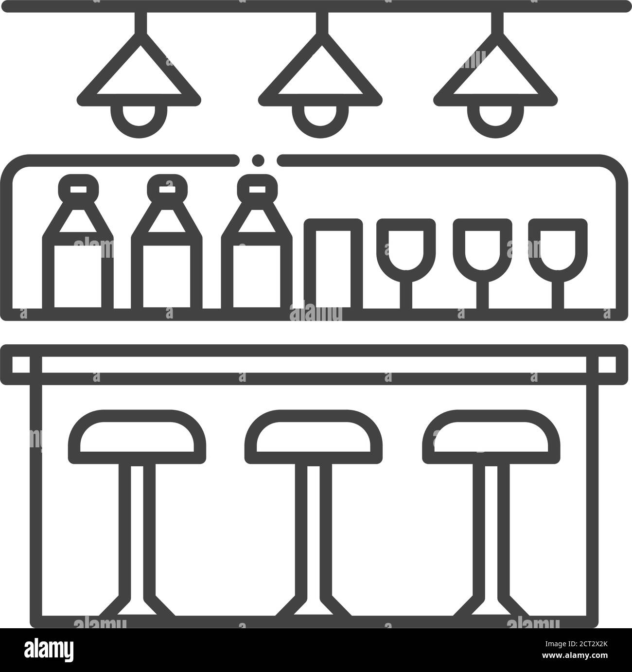 Interior of pub, cafe or bar black line icon. Bar counter, chairs and ...