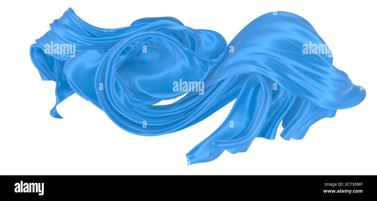 Beautiful flowing fabric flying in the wind. Blue wavy silk or satin ...