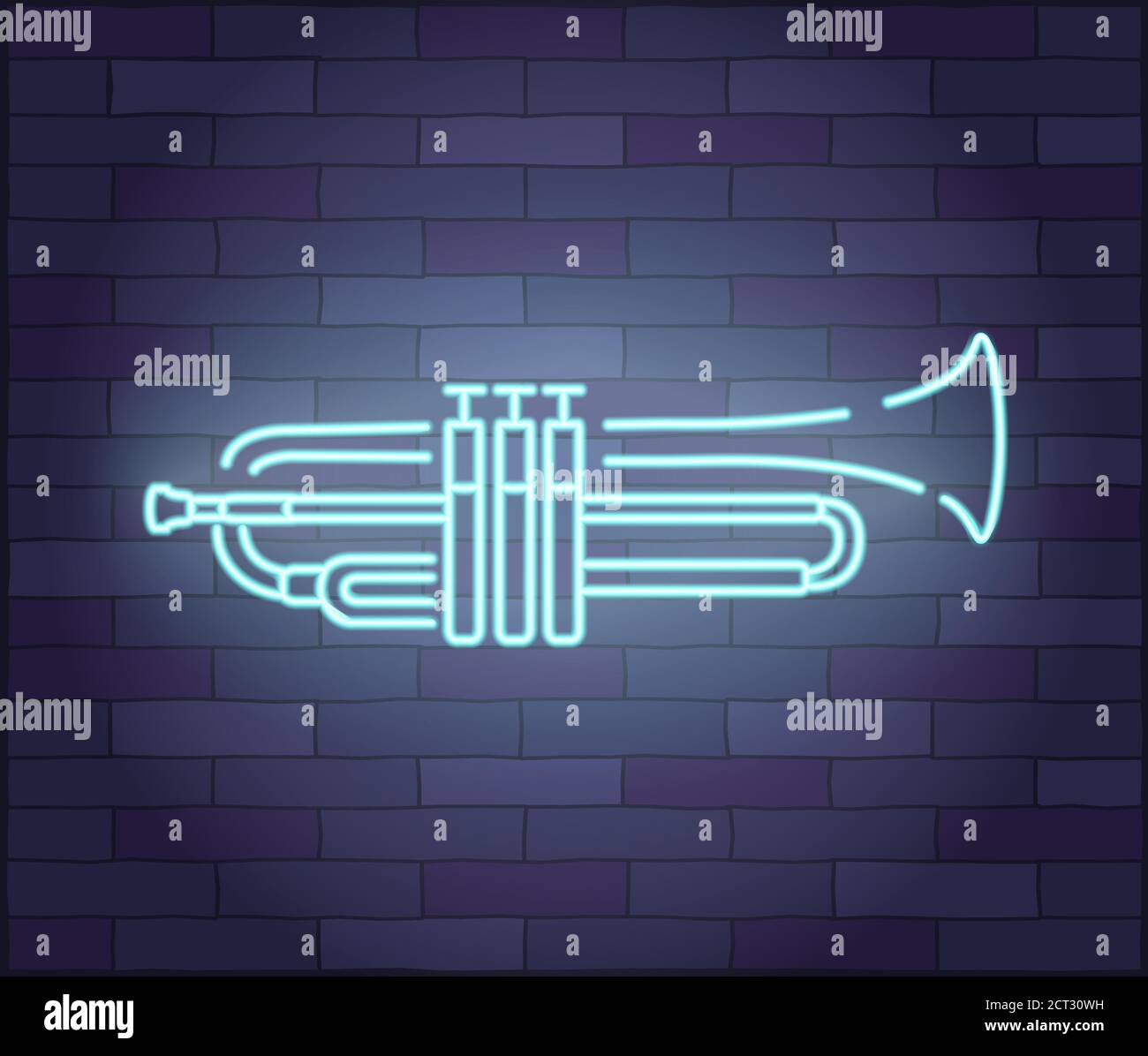 Blue neon light glowing trumpet.Wind musical instrument in blurred ...