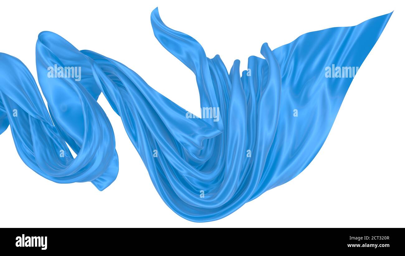 Beautiful flowing fabric flying in the wind. Blue wavy silk or satin ...
