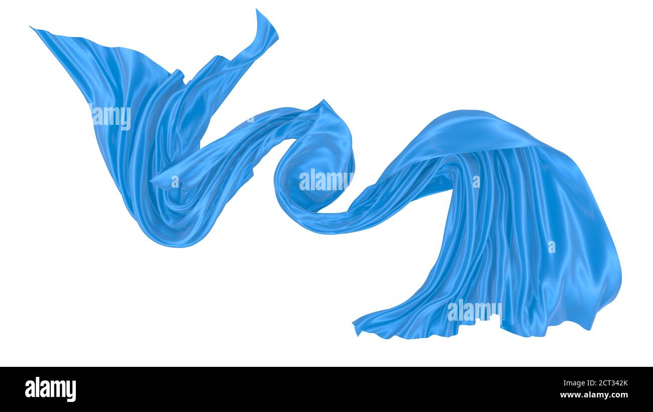 Beautiful flowing fabric flying in the wind. Blue wavy silk or satin ...