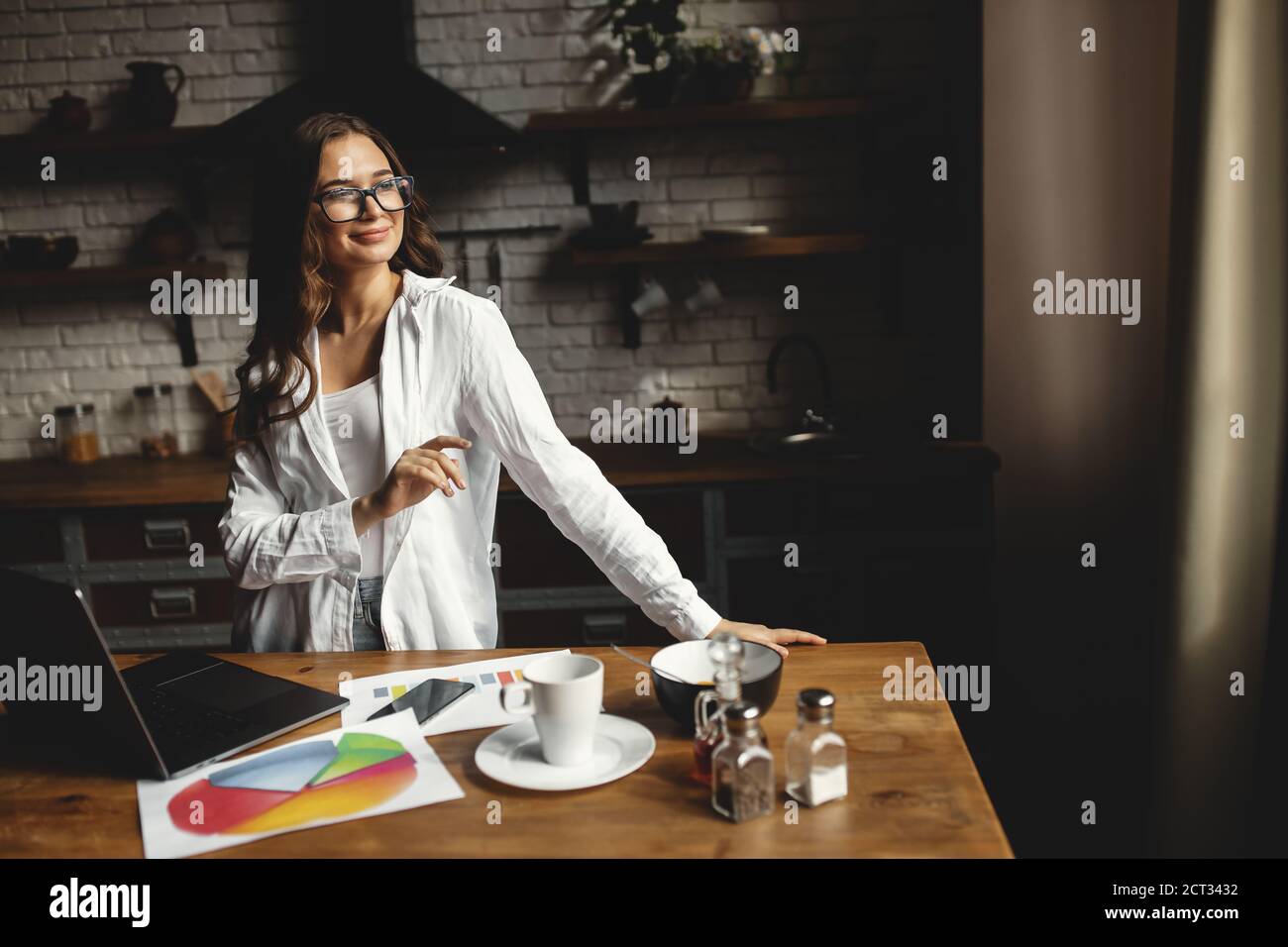 Happy business lady working from home . Beautiful lady working with ...