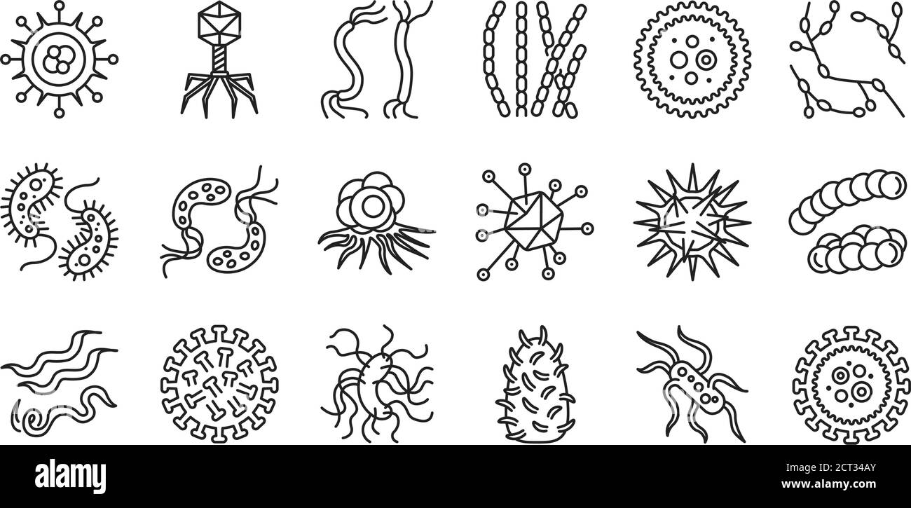 Viruses black line icons set. Respiratory infections. Bacteria ...