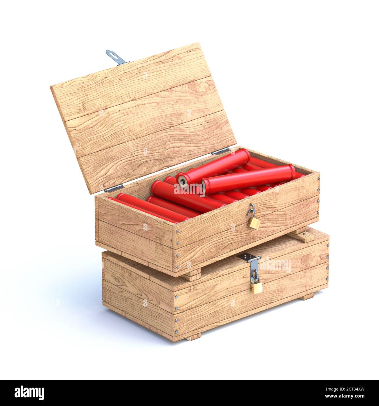 Dynamite in opened wooden box 3D render illustration isolated on white ...