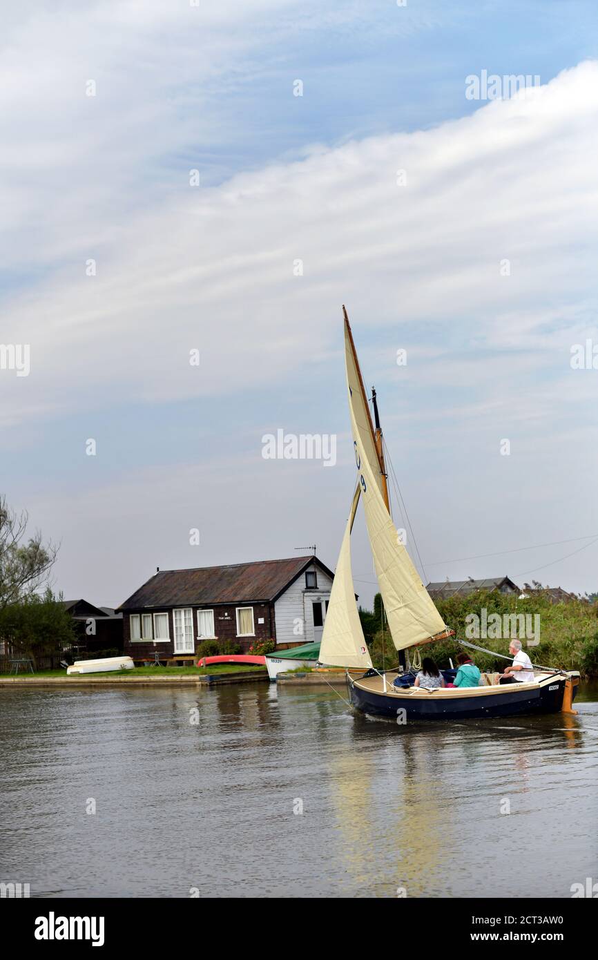 traditional gaff rigged sailing boat on river thurne, martham norfolk ...