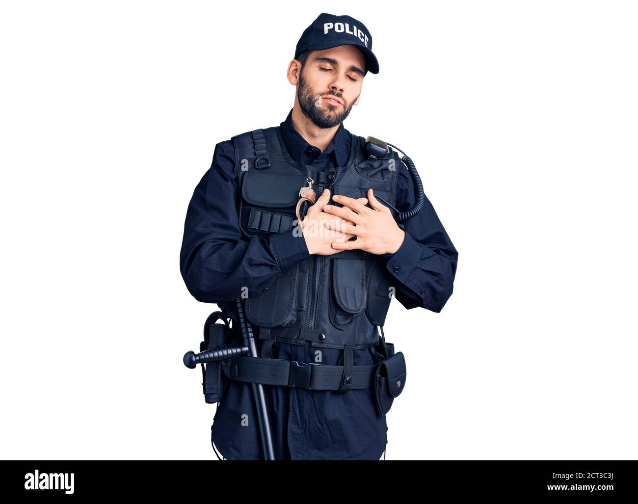 Young handsome man with beard wearing police uniform smiling with hands ...