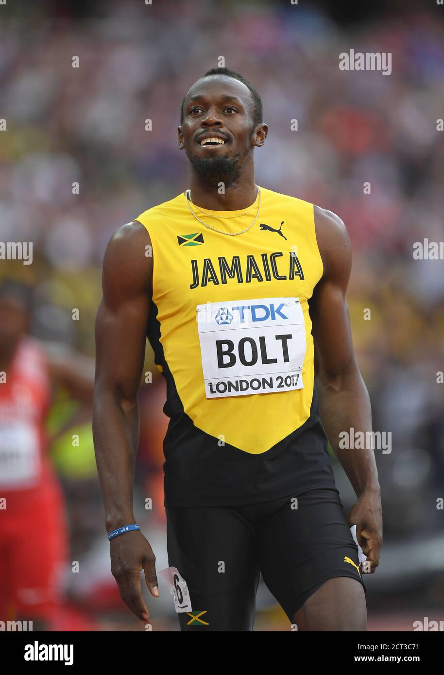 Usain Bolt salutes the London crowd at his farewell Championships ...
