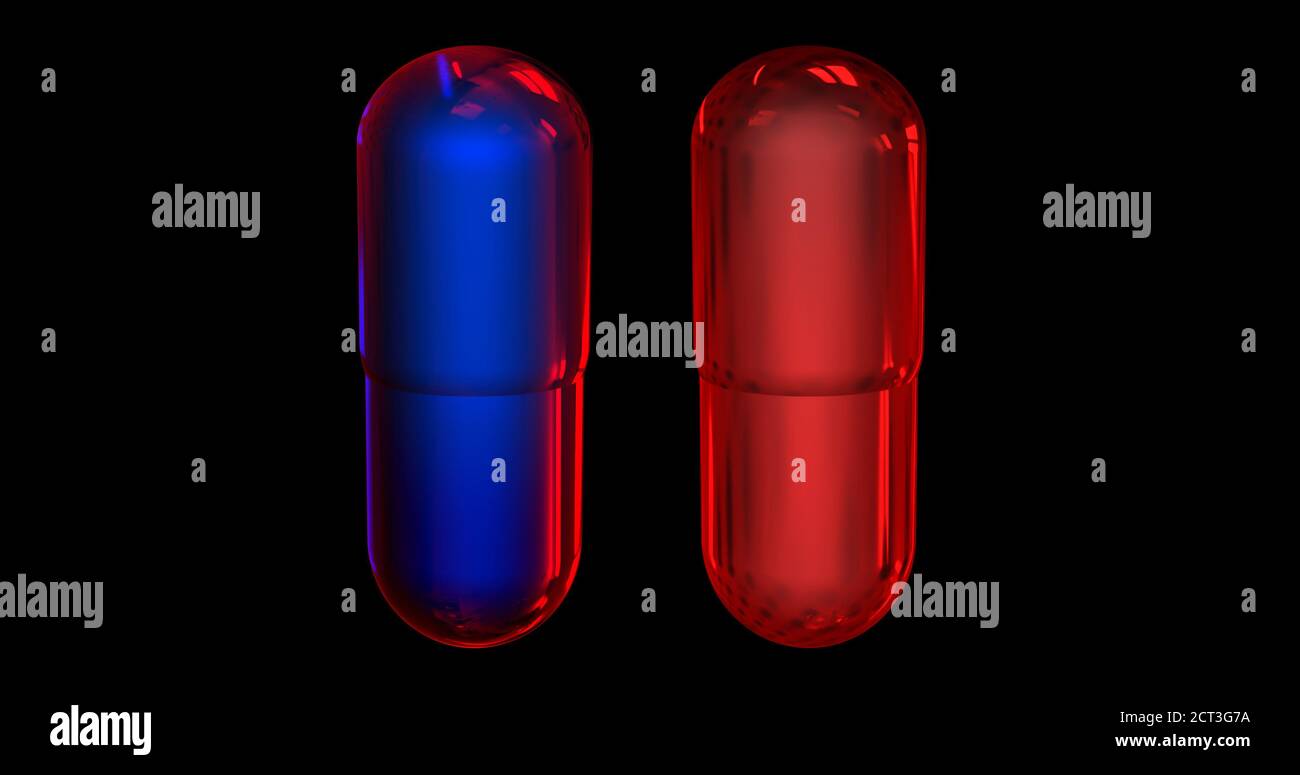3D illustration of Blue pill on the left and Red pill on the right in ...