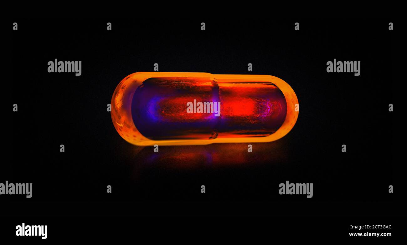 3D illustration of blue pill inside orange pill on reflective black ...