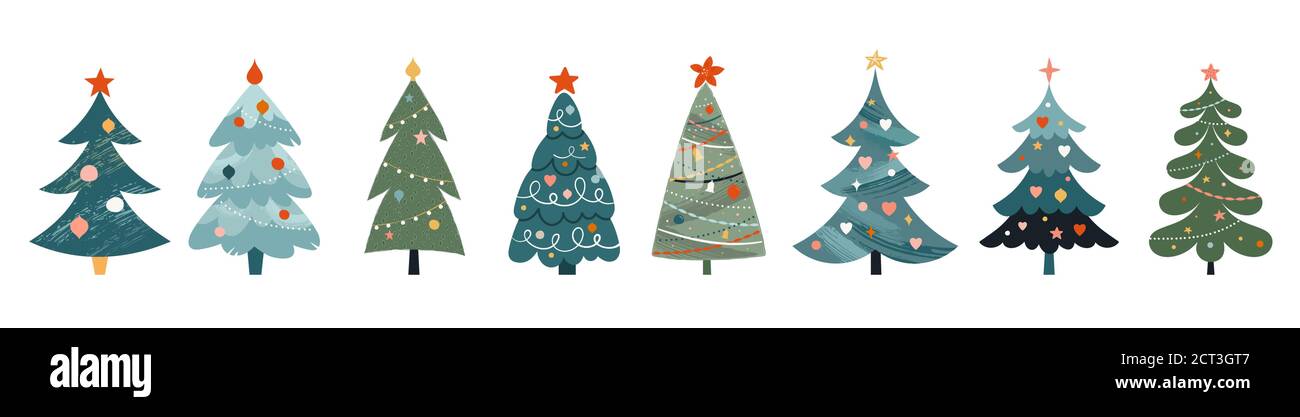 Christmas trees collection, modern flat design. Stickers, elements ...