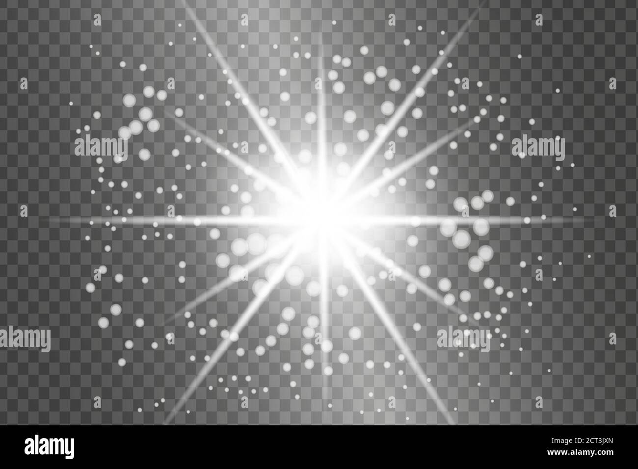 White glowing light explodes on a transparent background. Sparkling magical dust particles ...