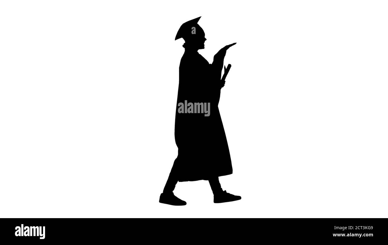 Silhouette Energetic female graduate walking with diploma and gi Stock ...