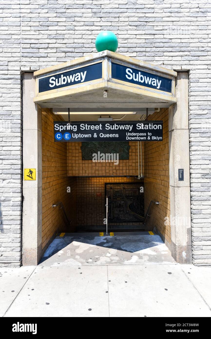 New York City - June 28, 2020: Entrance to the Spring Street Subway ...